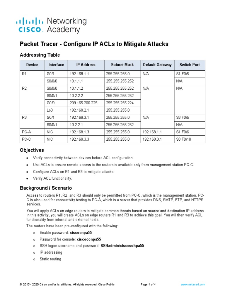 26.2.3 Packet Tracer - Configure IP ACLs To Mitigate Attacks | PDF | Router (Computing) | Ip Address