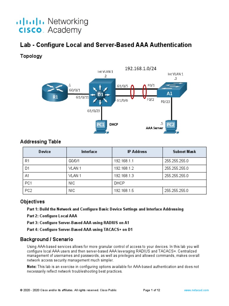 26.1.4 Lab - Configure Local and Server-Based AAA Authentication | PDF | Radius | Computer Network