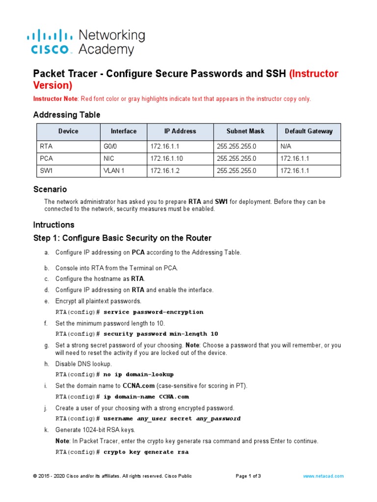 26.2.4 Packet Tracer - Configure Secure Passwords and SSH - ILM | PDF