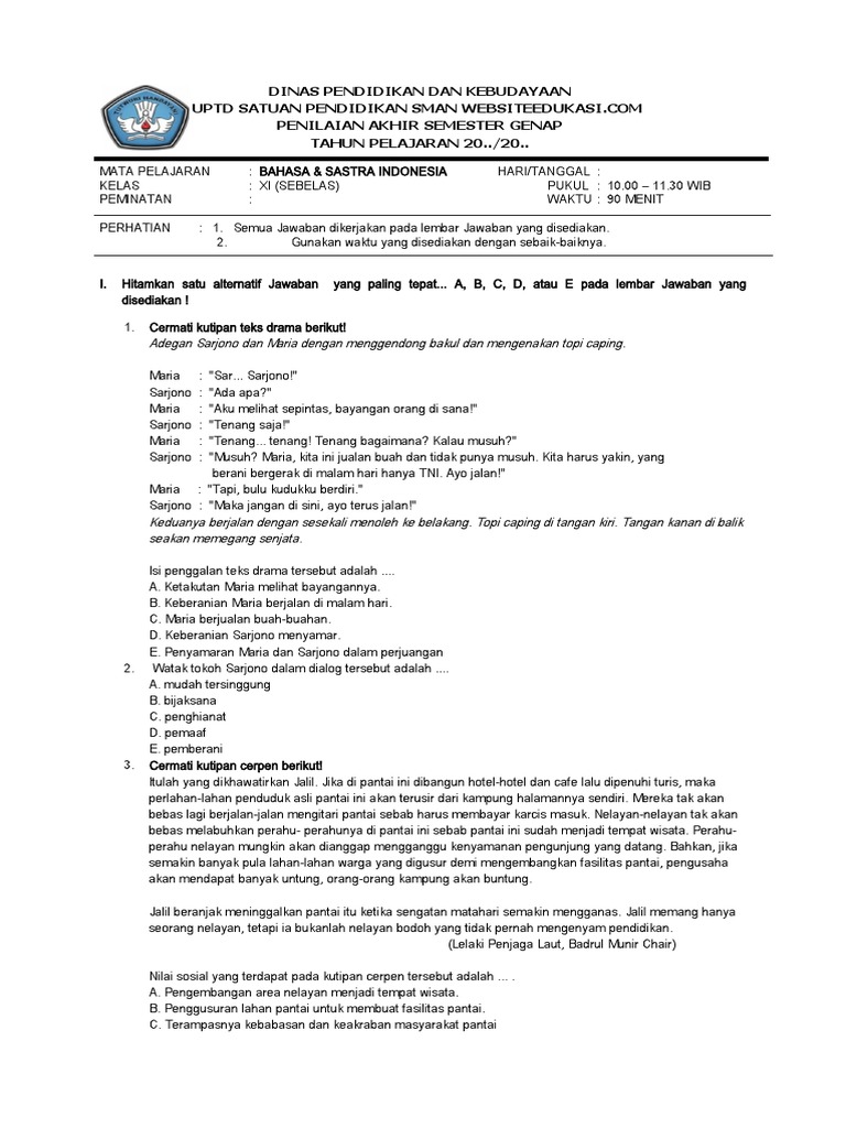 Soal PAT Kelas XI - Sastra Indonesia | PDF