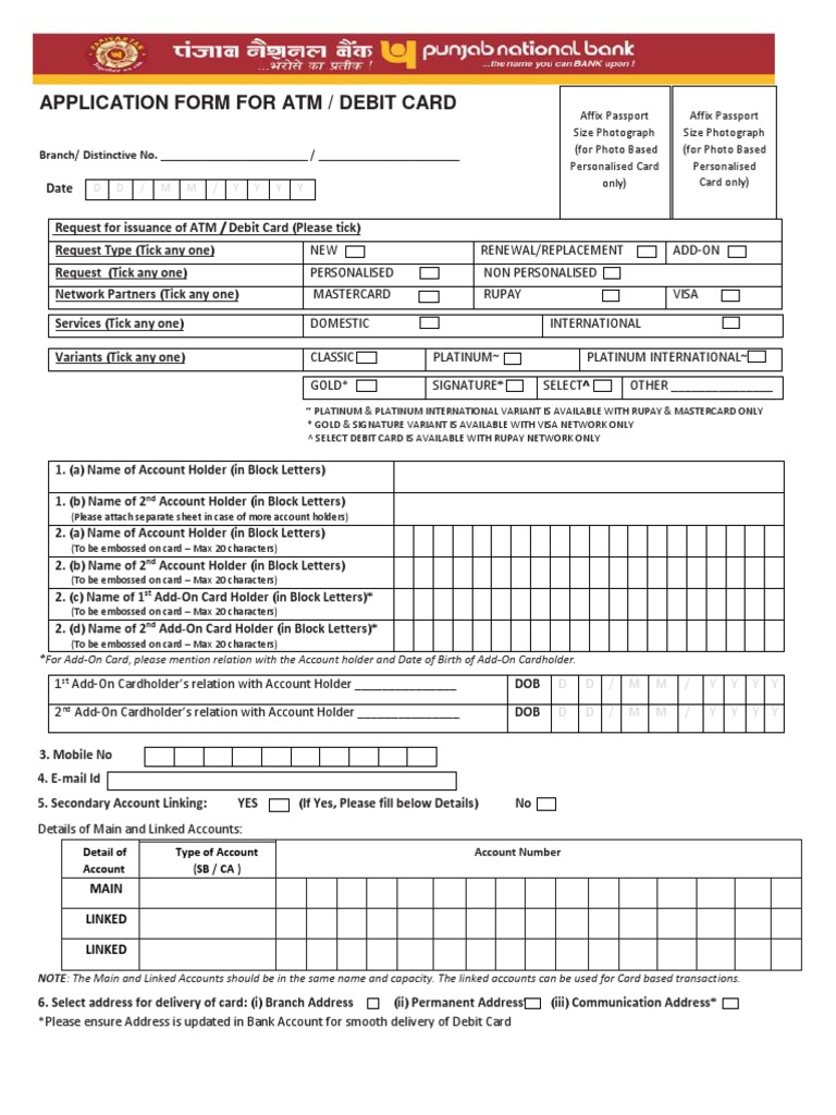 PNB ATM/Debit Card Application Form | PDF | Debit Card | Personal ...