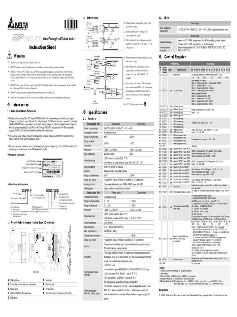 DVP06XA-H2 Analog I/O Module Guide | PDF | Power Supply | Electrical Wiring