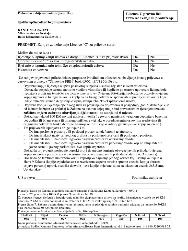 Zahtjev Za Izdavanje Licence C Za Prijevoz Stvari | PDF