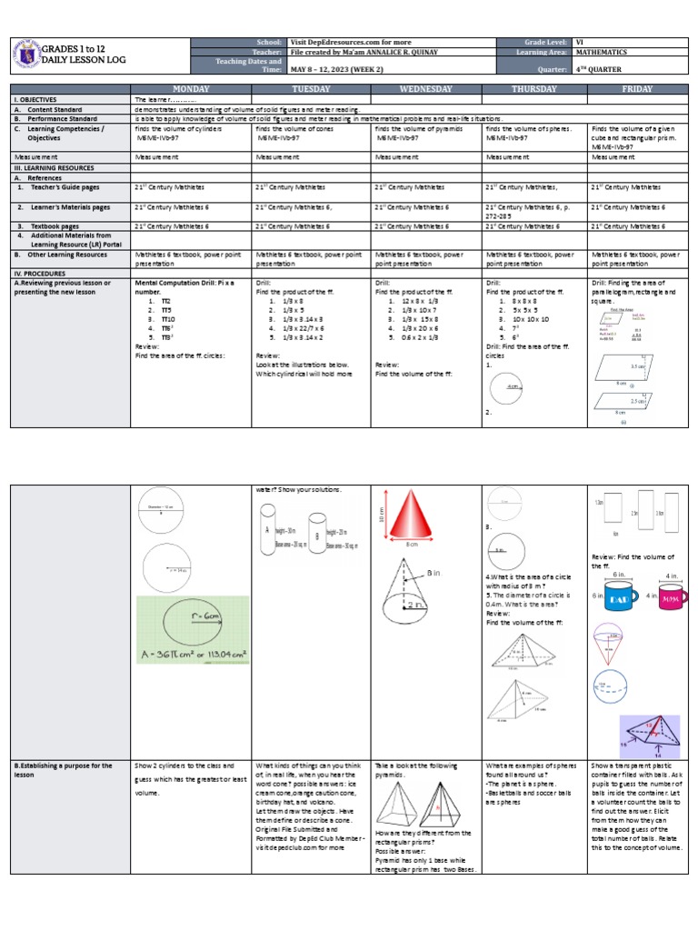 DLL - Mathematics 6 - Q4 - W2 | PDF | Volume | Area