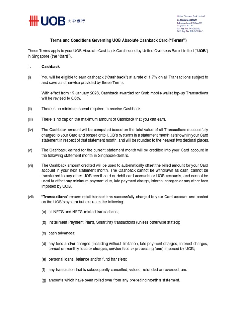 UOB Absolute Cashback Card Terms | PDF