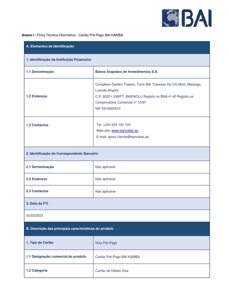 Cartão Pré-Pago BAI KAMBA: Informações Gerais | PDF | Visa Inc. | Crédito