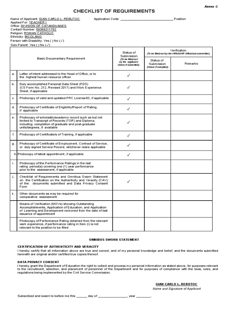 DepEd Annex C Requirements Checklist | PDF | Authentication