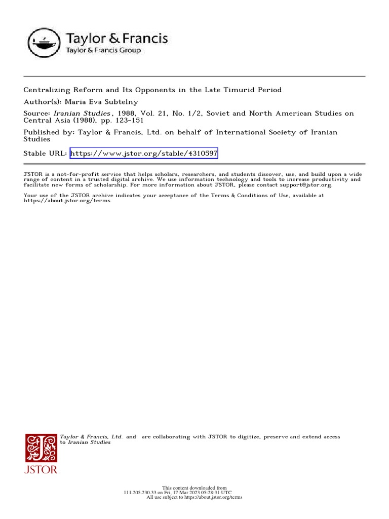 Centralizing Reform and Its Opponents in the Late Timurid Period | PDF