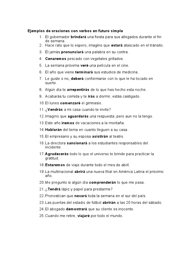 Ejemplos De Oraciones Con Verbos En Futuro Simple Pdf