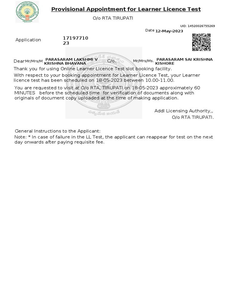 Learner Licence Test Appointment Notice | PDF