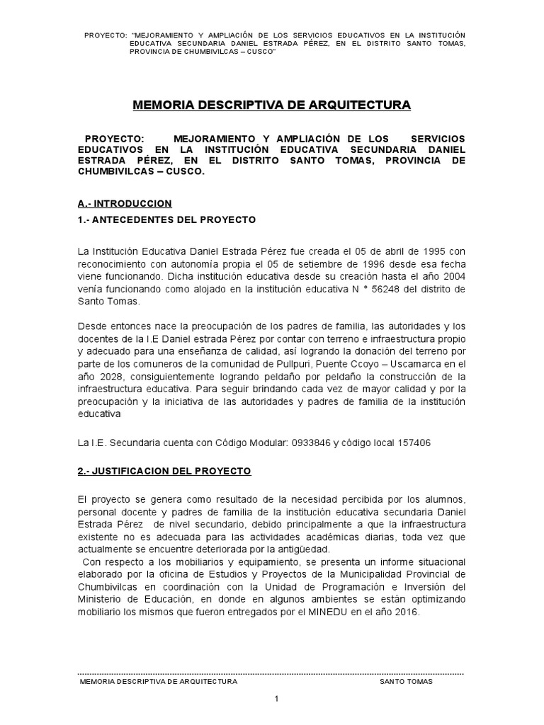 Memoria Descriptiva de Arquitectura Daniel Estrada | PDF