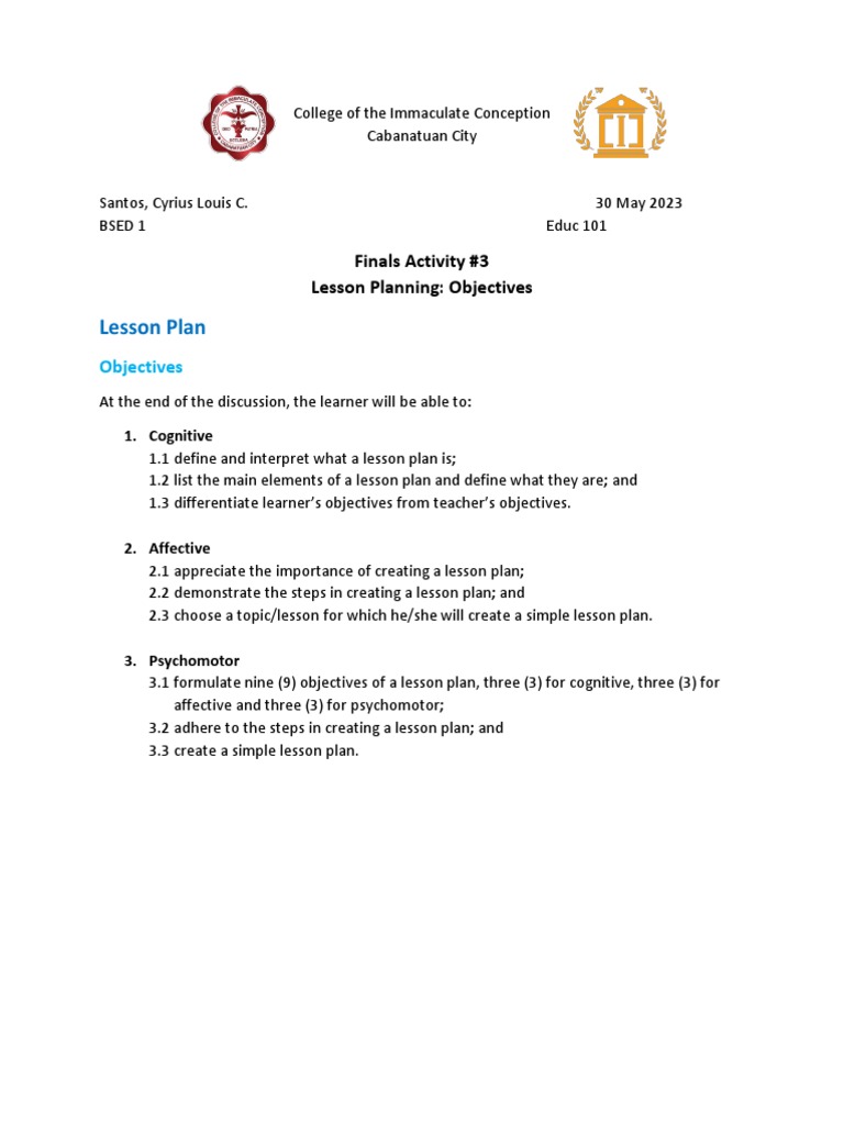 Objectives of A Lesson Plan | PDF