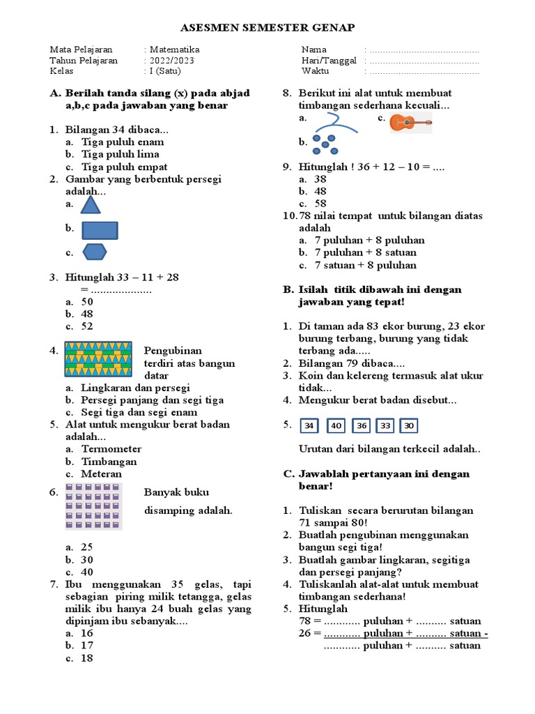 SOAL SLB 2023 Matematika Kelas 1 | PDF | Metode & Bahan Ajar