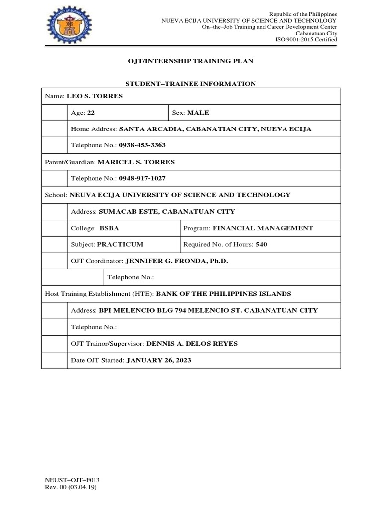 TORRES, LEO S.-NEUSTOJTF013-Training-Plan | PDF | Vocational Education ...