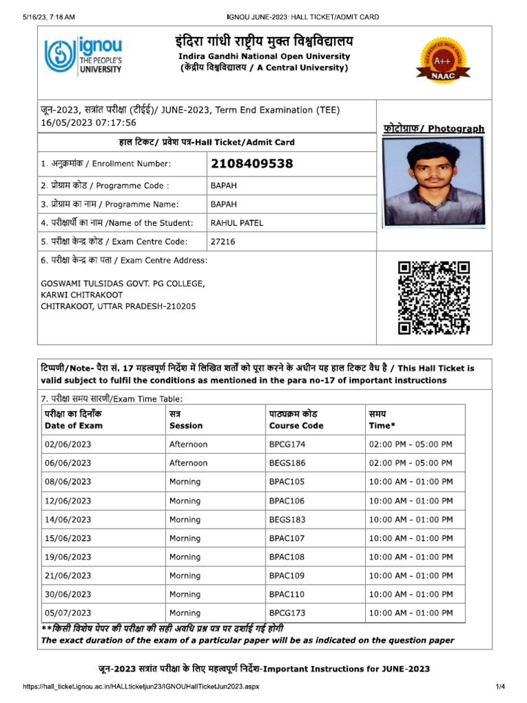Hall Ticket IGNOU | PDF