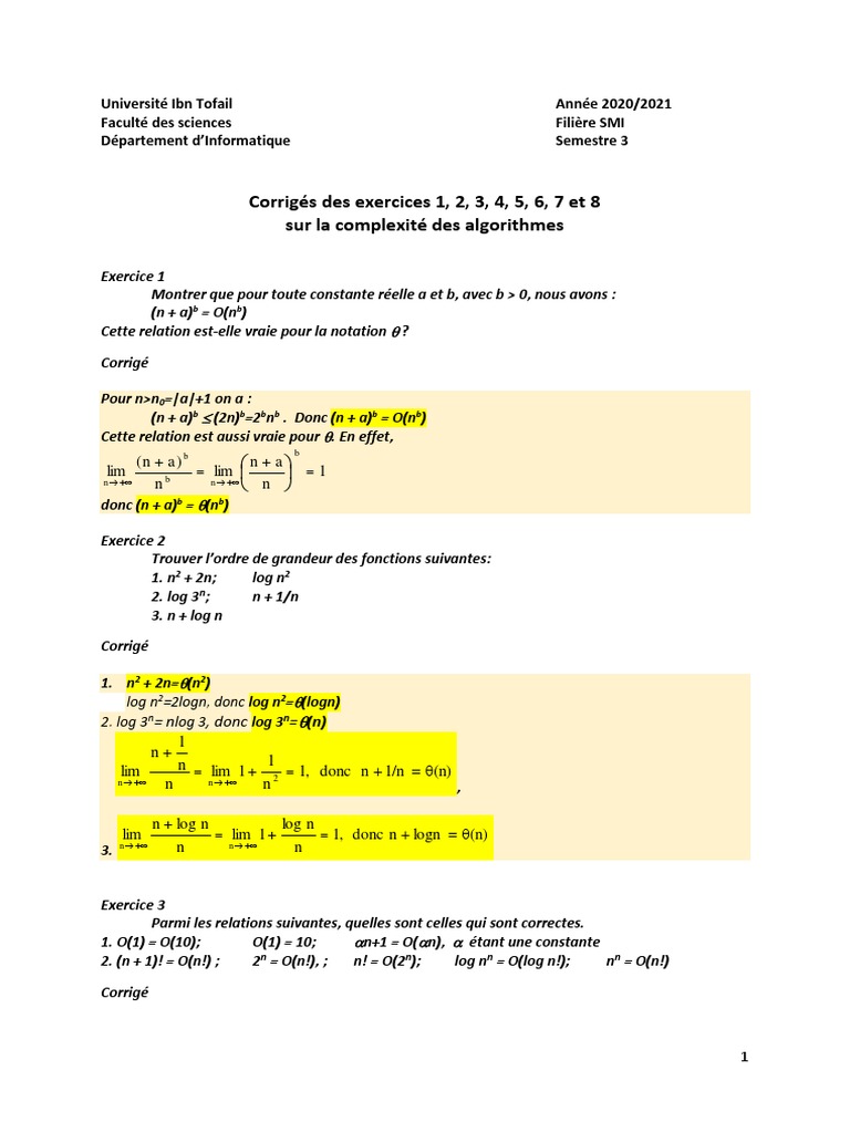 Corrigé Des Exercices 1, 2, 3, 4, 5, 6. 7 Et 8 Sur La Complexité Algorithmique | PDF