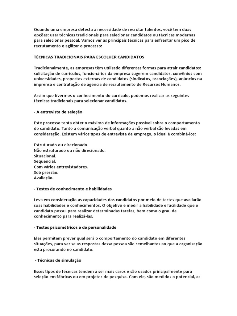 Tecnicas y Metodos de Seleccion de Personal | PDF Tecnicas y Metodos de Seleccion de Personal | PDF