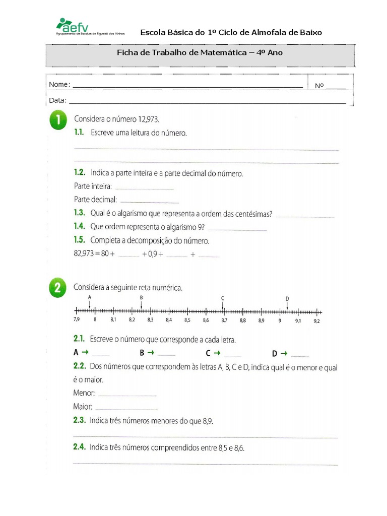 números decimais - ficha de trabalho | PDF