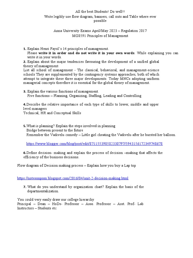 MG8591 - POM - Important Questions With Tips | PDF | Leadership ...