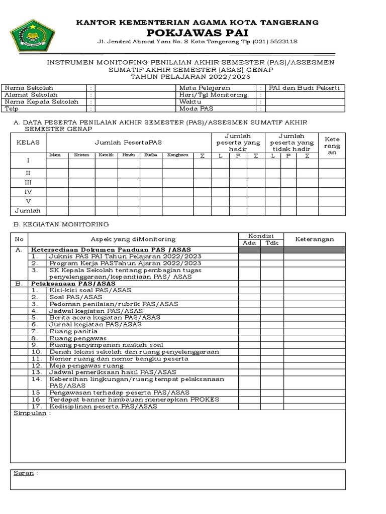 Instrumen Monitoring Pas 22-23 | PDF