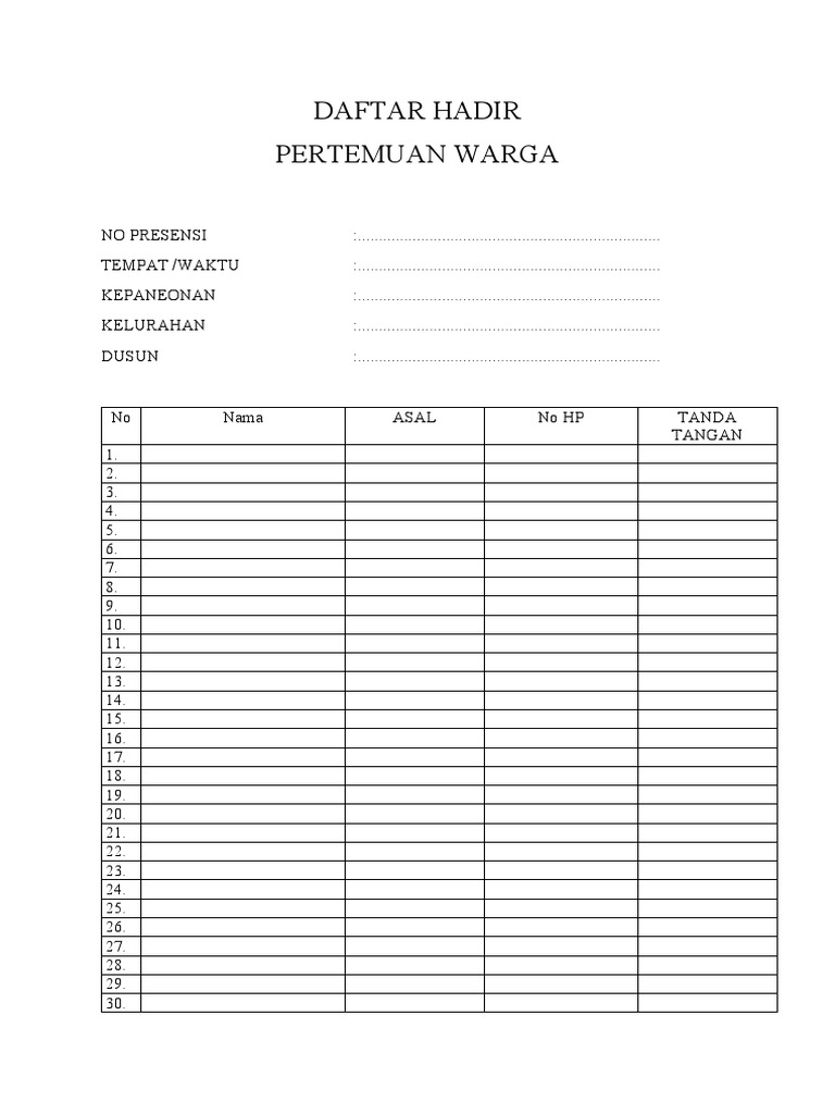 Daftar Hadir Pertemuan Warga | PDF