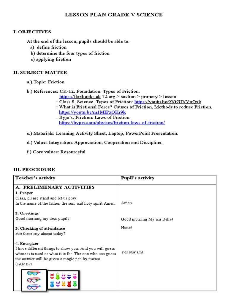 Lesson Plan Grade Iv Science | PDF | Force | Friction