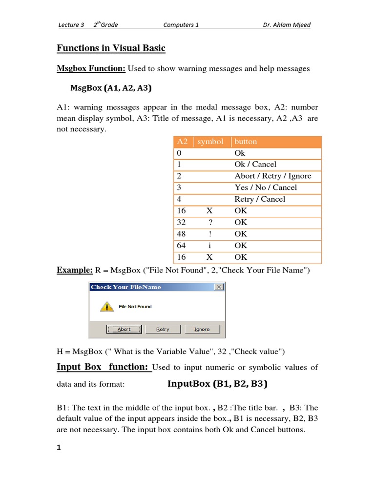 Functions in Visual Basic: Msgbox Function: Used To Show Warning ...