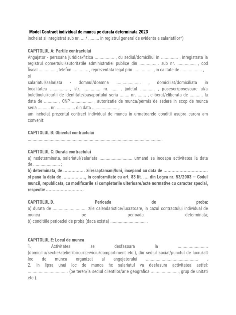 Model Contract Individual de Munca Pe Durata Determinata 2023 | PDF
