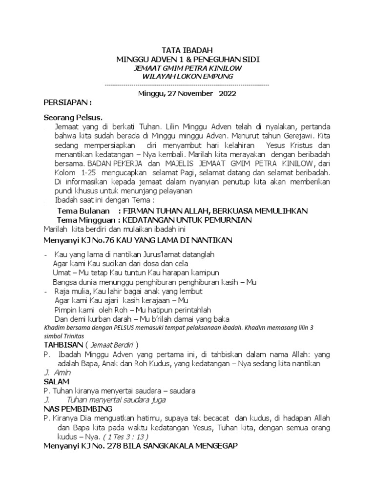 Tata Ibadah Minggu Advent 1 Dan Peneguhan Sidi Pdf