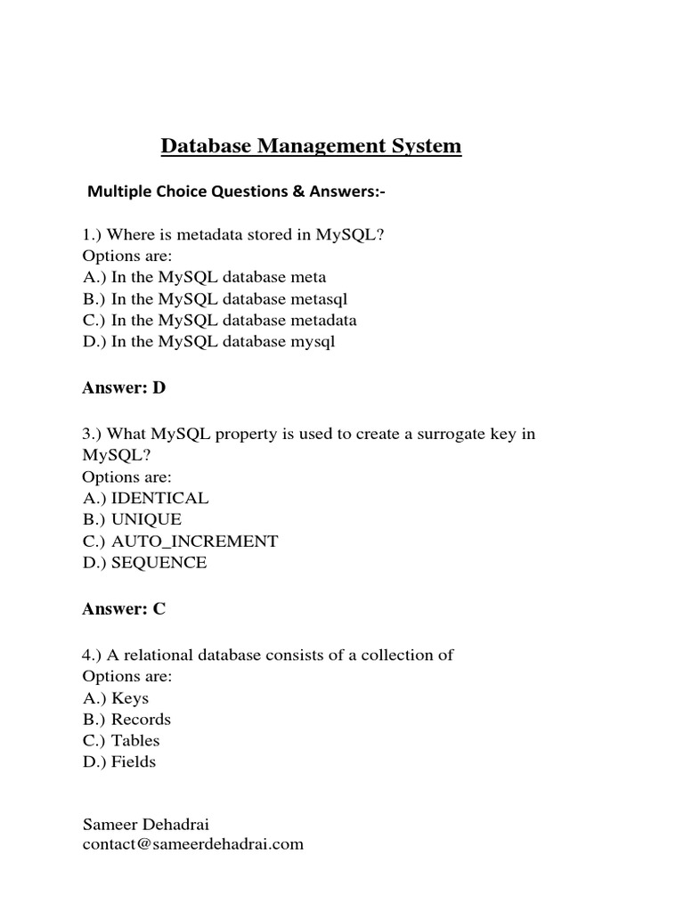 DBT MCQs # 1 | PDF | Databases | Relational Database