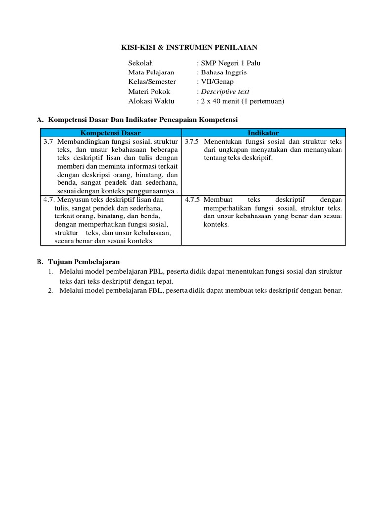 Kisi-Kisi Dan Instrumen Penilaian Descriptive Text | PDF | Karier ...