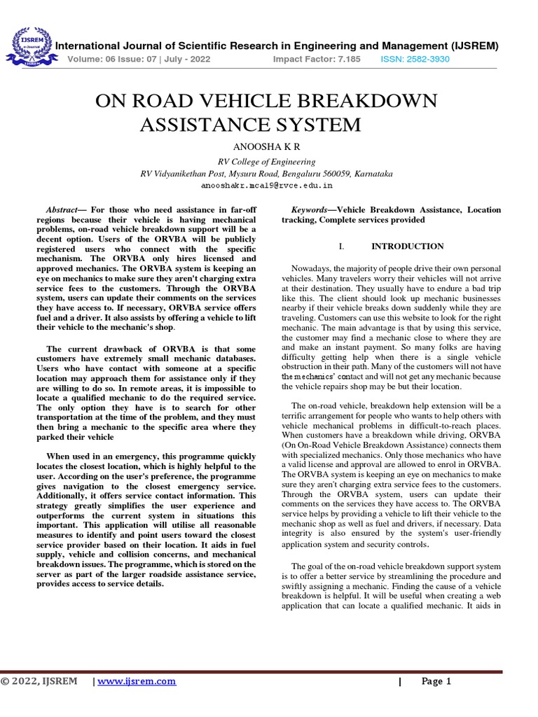 On Road Vehicle Breakdown Assistance System | PDF | Graphics Processing ...