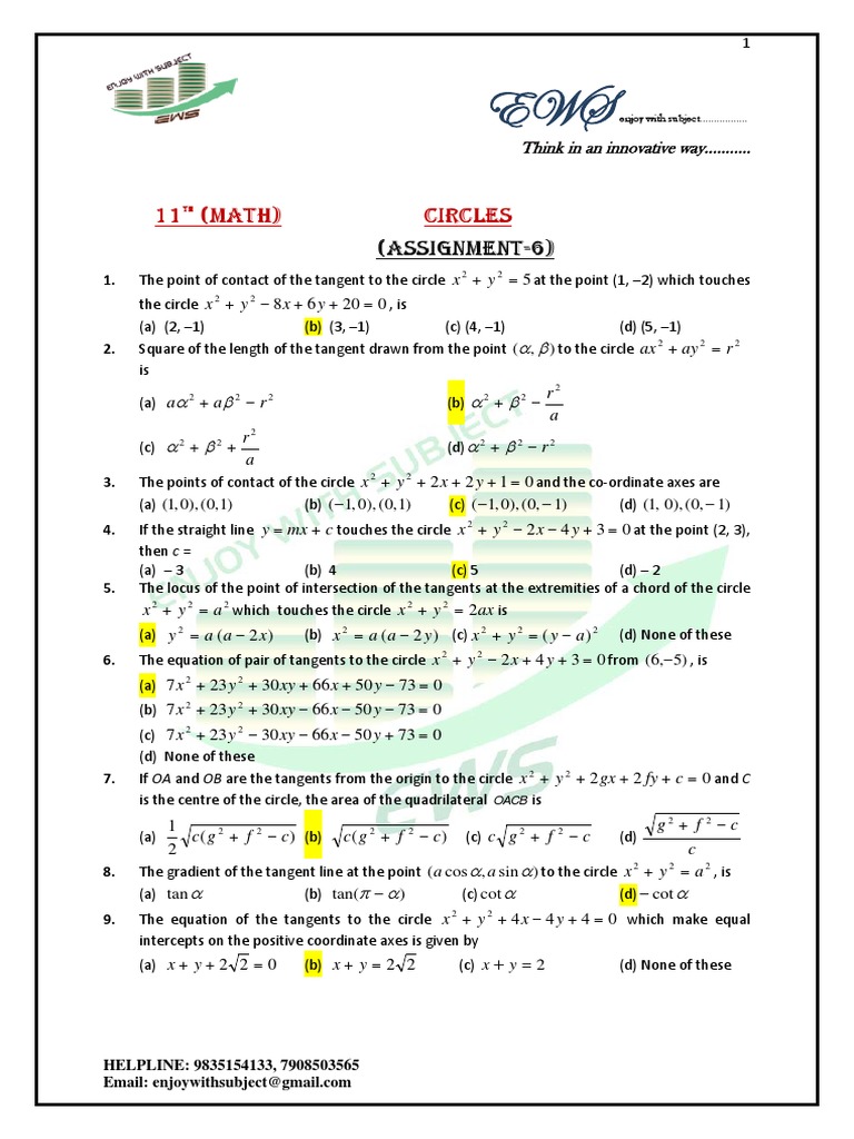 11TH Math Circles Assignment-6 With Key | PDF | Circle | Euclidean Geometry
