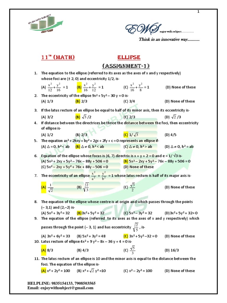 11TH Math Ellipse Assignment-1 With Key | PDF | Ellipse | Differential Geometry