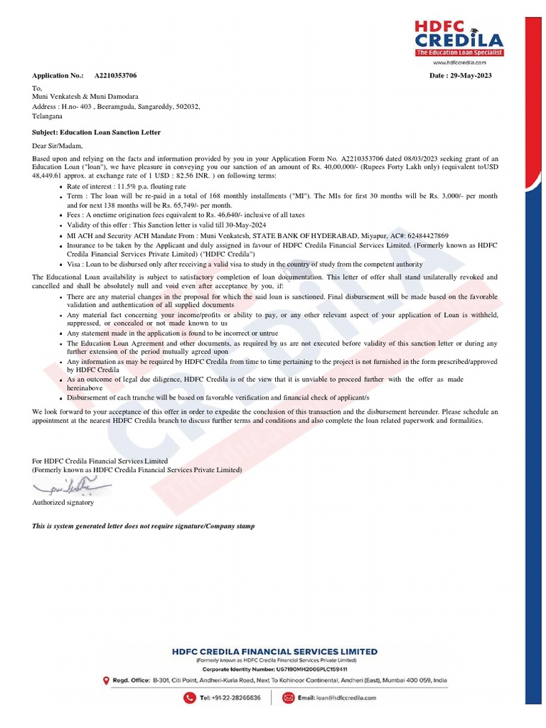 HDFC Education Loan Sanction Letter | PDF | Signature | Loans