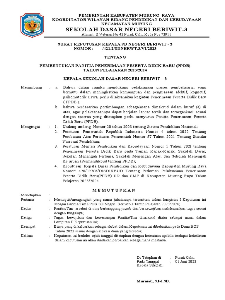 SK Panitia PPDB 2023-2024 | PDF