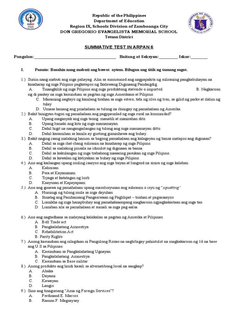 3RD Quarter Summative Test in Arpan | PDF