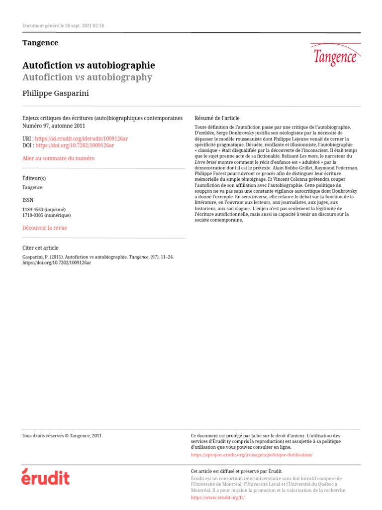 Autofiction Vs Autobiographie | PDF | Autobiographies