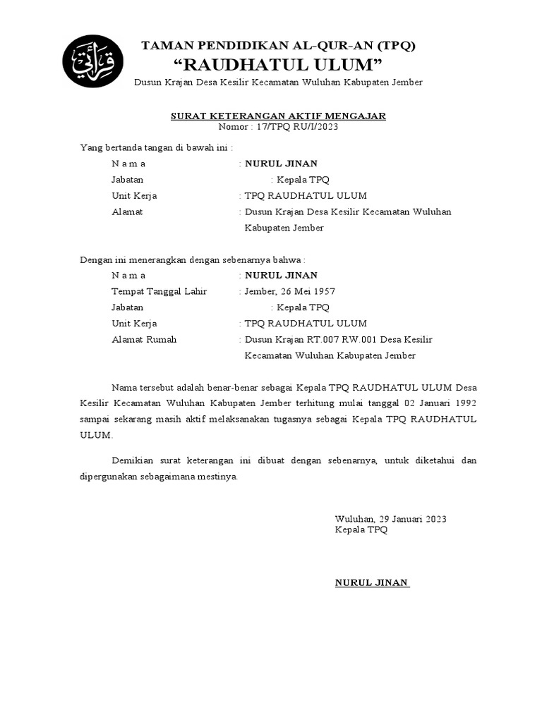 Surat Keterangan Aktif Mengajar TPQ RAUDHATUL ULUM | PDF