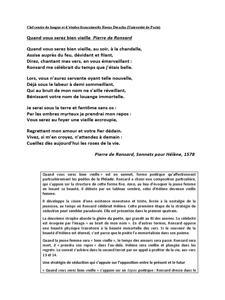 Ronsard Quand vous serez bien vieille | PDF