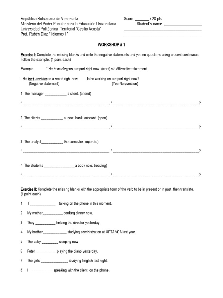 Evaluación Presente Y Pasado Progresivo | PDF