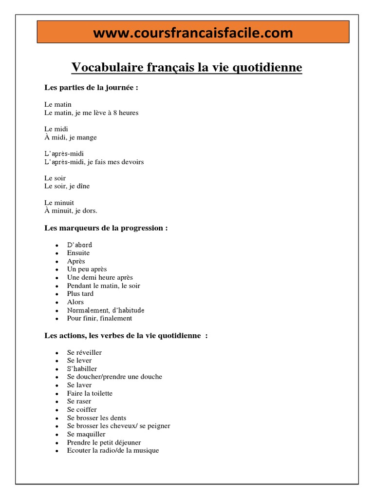 Vocabulaire de la vie quotidienne en français | PDF