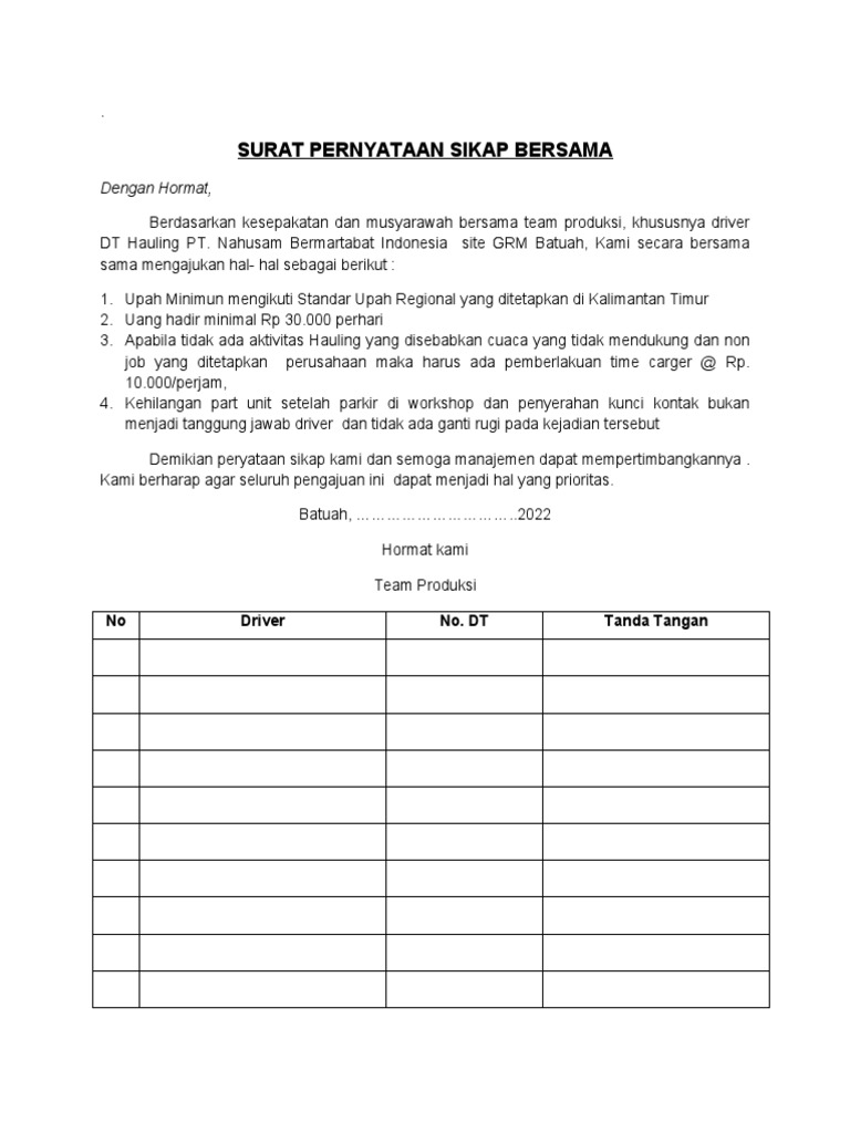 SURAT PERNYATAAN SIKAP BERSAMA | PDF