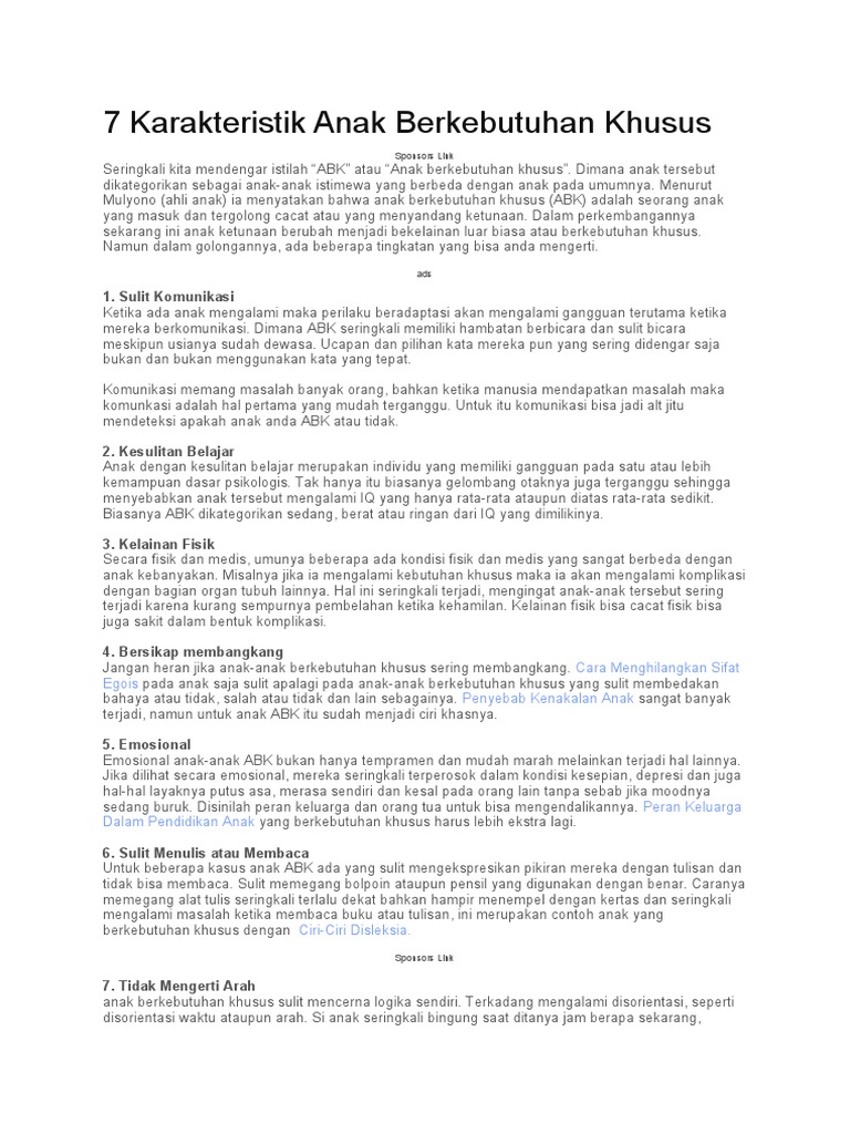 17 Karakteristik Anak Berkebutuhan Khusus | PDF | Pengembangan Diri | Gaya Hidup
