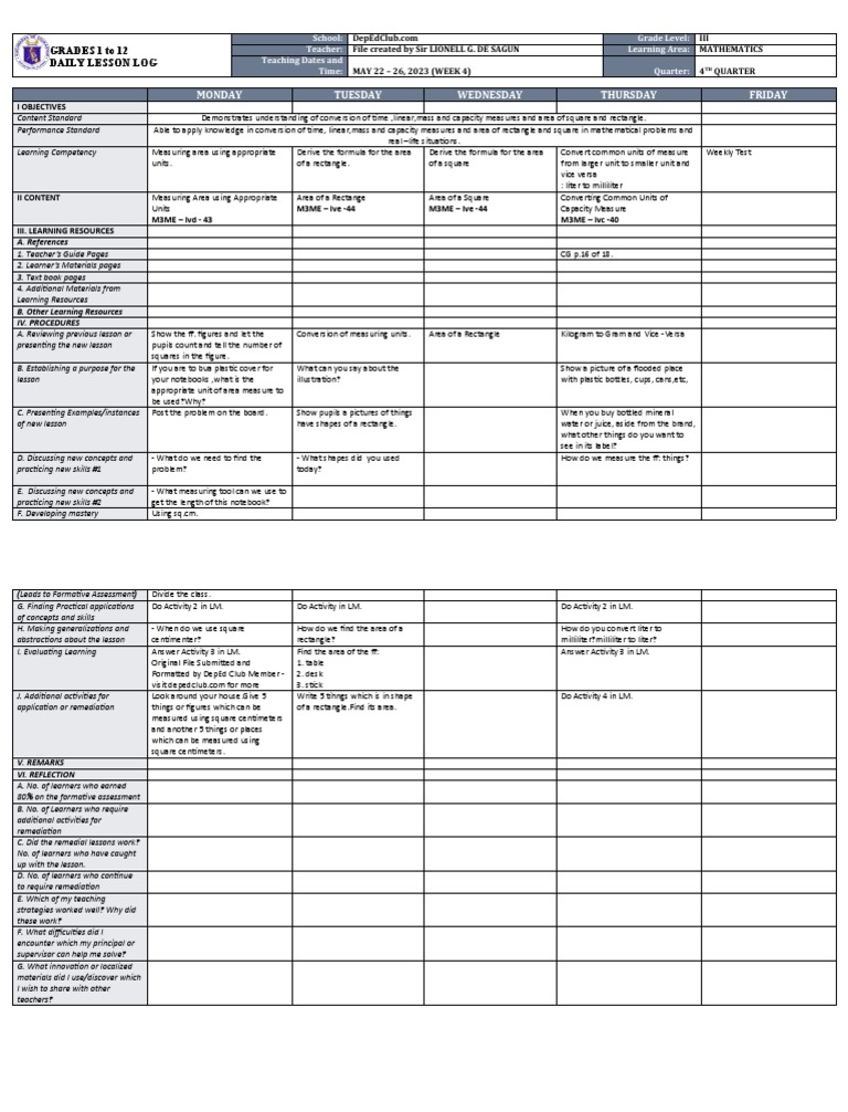 DLL - Mathematics 3 - Q4 - W4 | PDF | Area | Learning DLL - Mathematics 3 - Q4 - W4 | PDF | Area | Learning