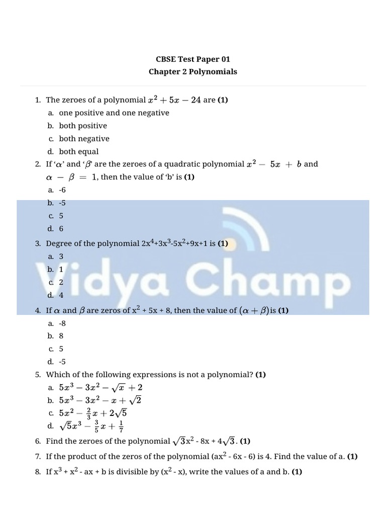 CBSE Test Paper 01 Chapter 2 Polynomials | PDF | Polynomial ...