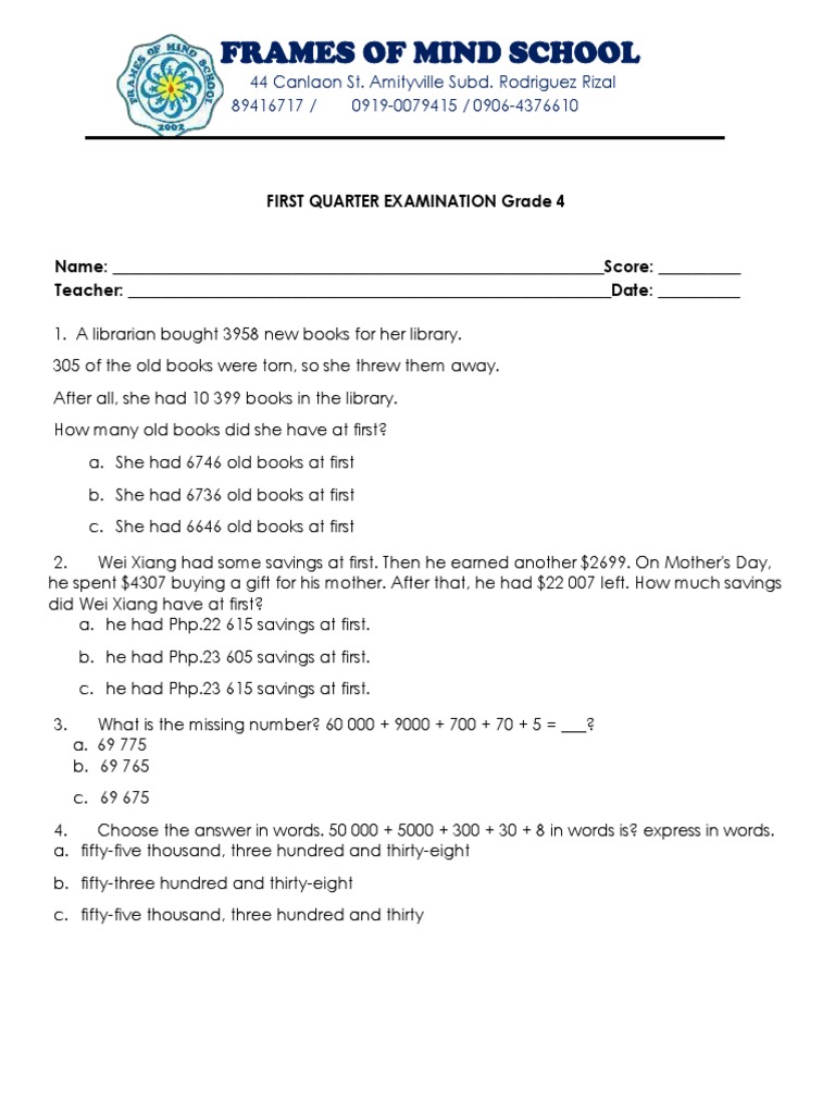G4 Math Exam QTR1 | PDF