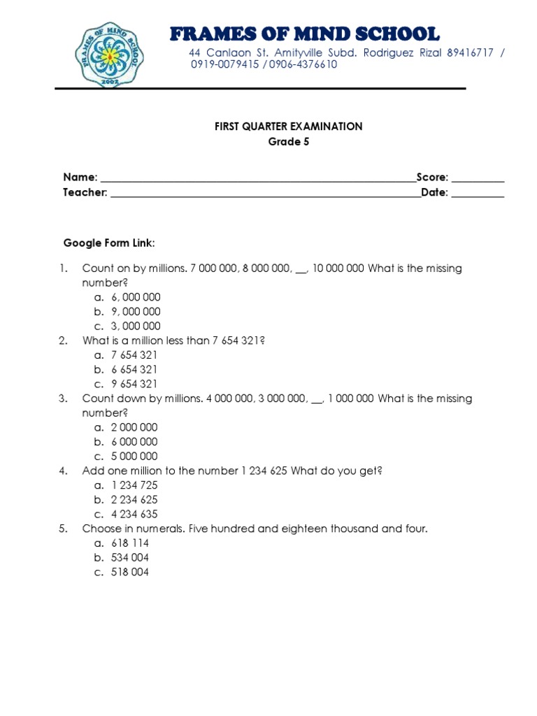 G5-Math-Exam-Qtr1-With Link | PDF | Mathematics