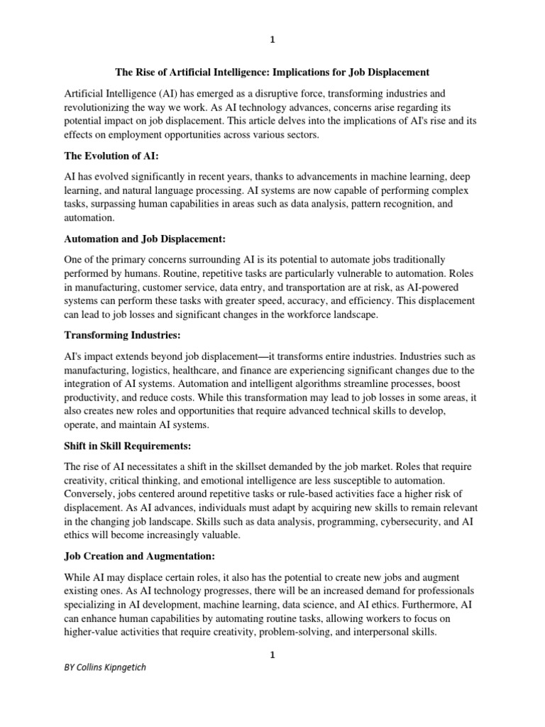The Rise of Artificial Intelligence Implications For Job Displacement | PDF