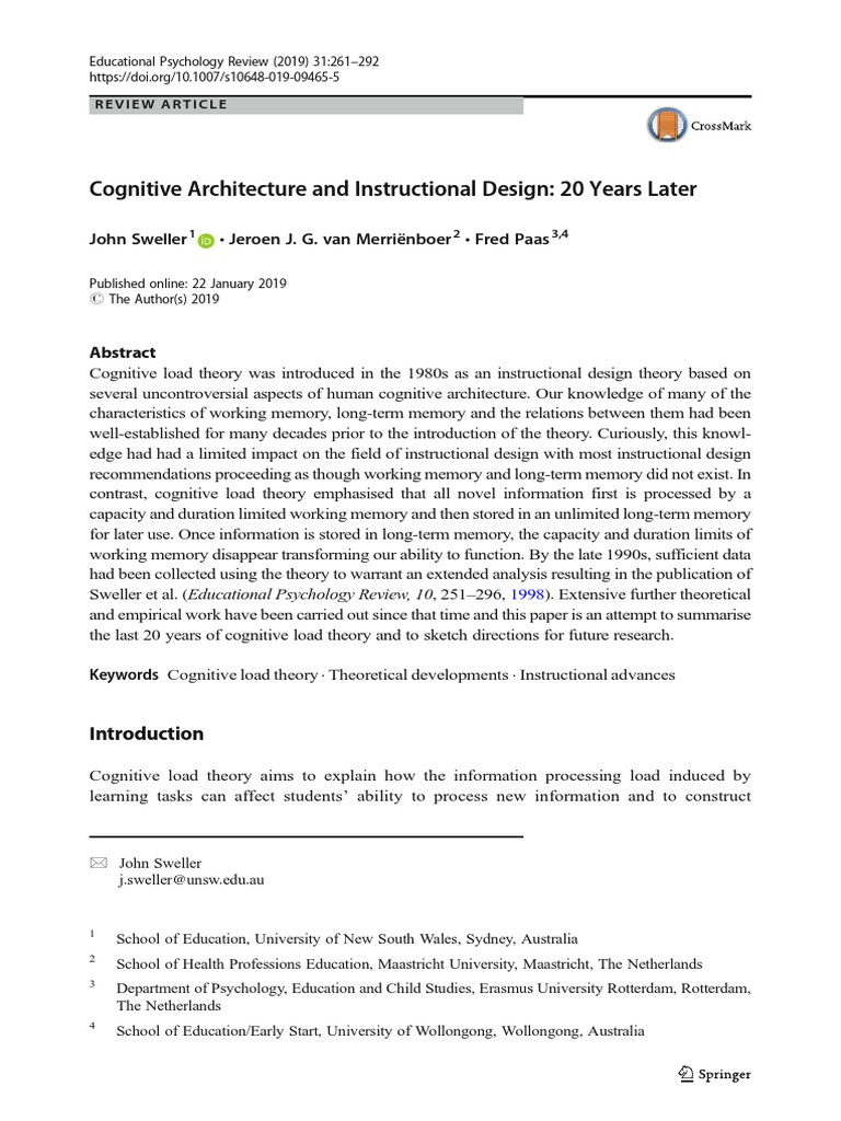 Cognitive Architecture and Instructional Design: 20 Years Later | PDF